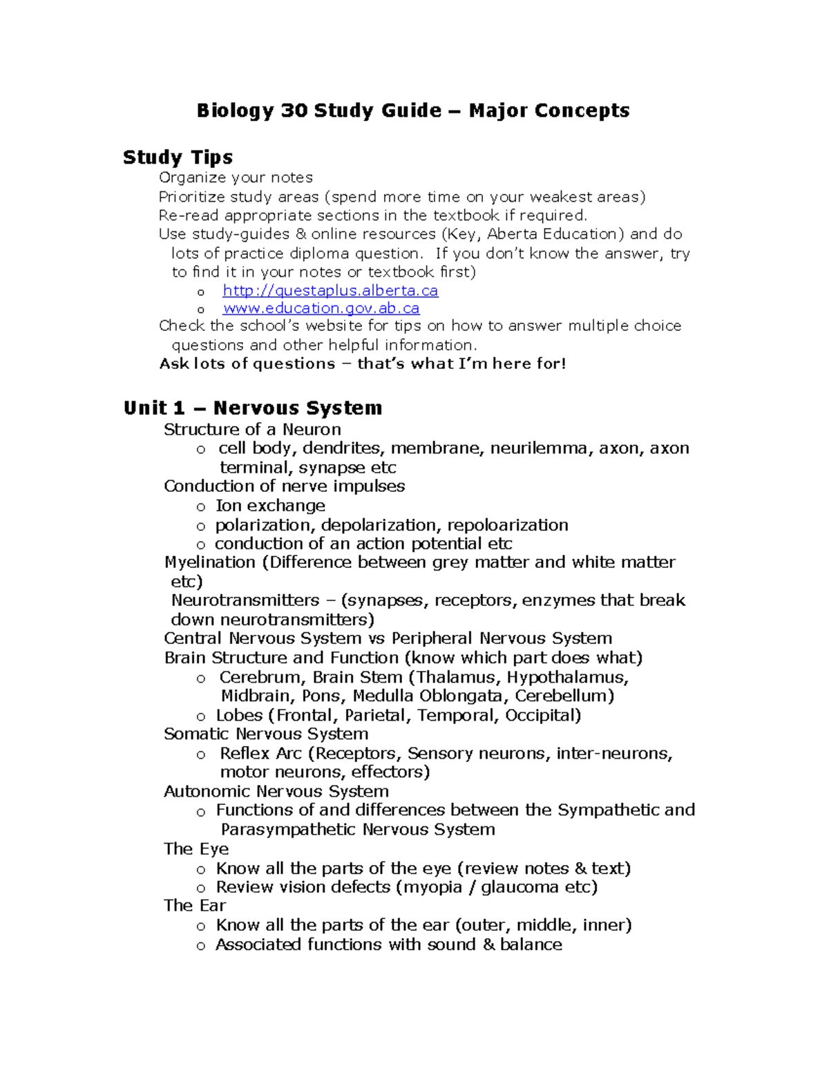 Bio 30 Major Concepts To Know - Biology 30 Study Guide – Major Concepts ...