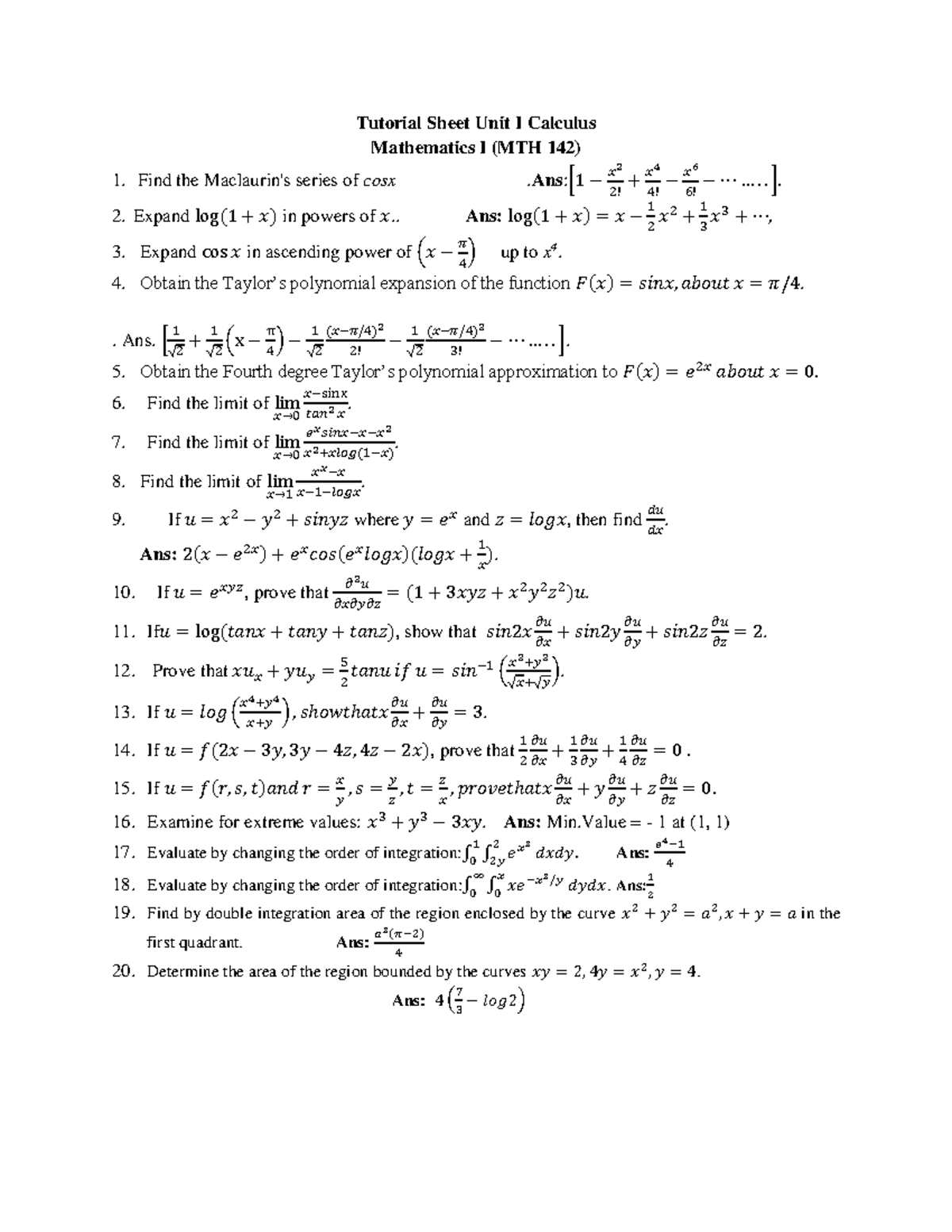 Assignment(UNIT - Calculus And Abstract Algebra - Tutorial Sheet Unit I ...