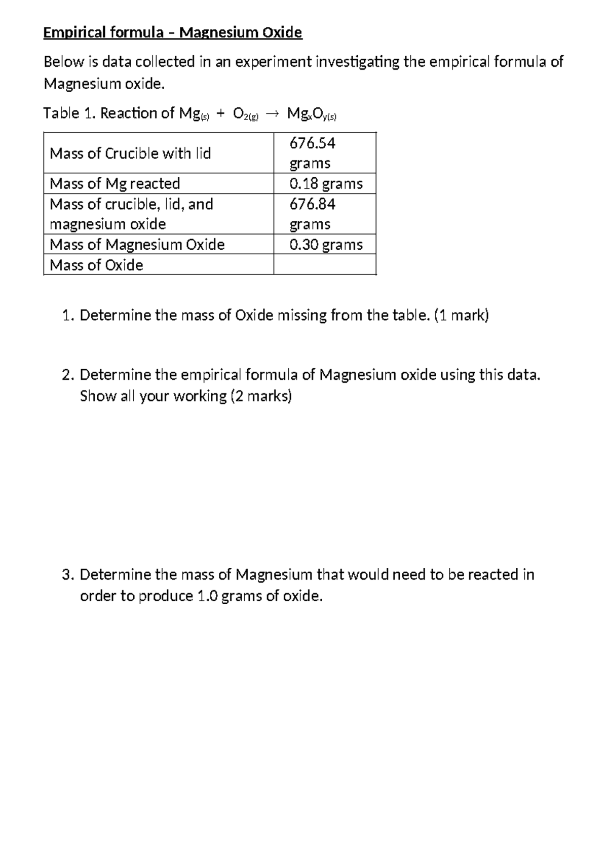 Revision for Data Test: Empirical Formula of Magnesium Oxide and ...