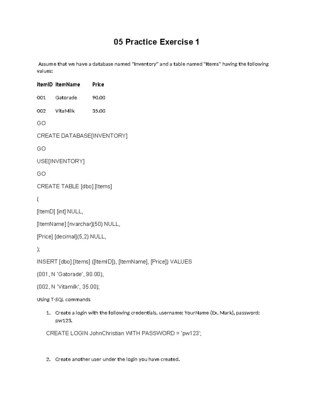 05 Practice Exercise 1: T-SQL Commands for Database Management - Studocu
