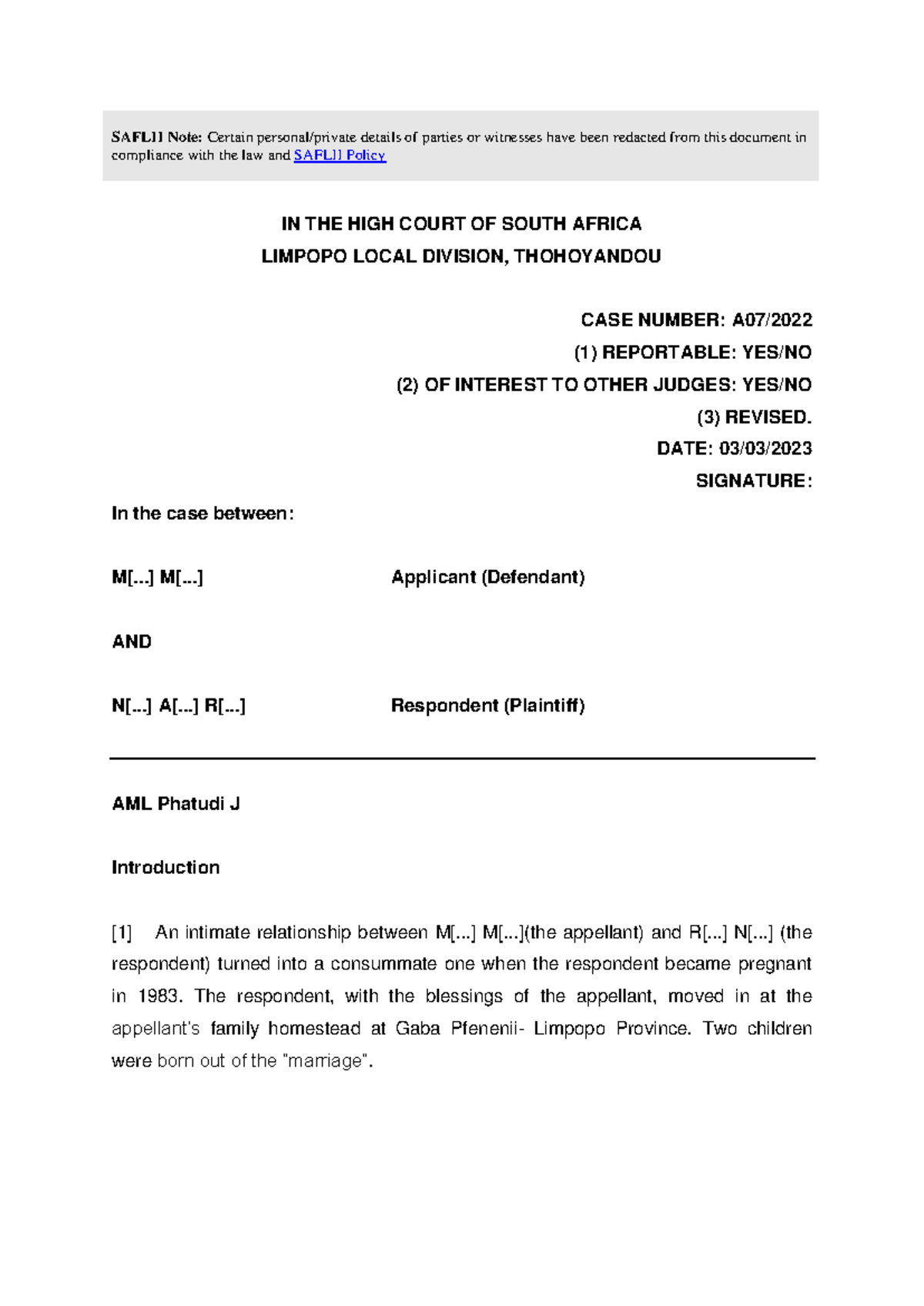 SAFLII Case Study: M.M v R - Customary Marriage and Divorce Proceedings ...