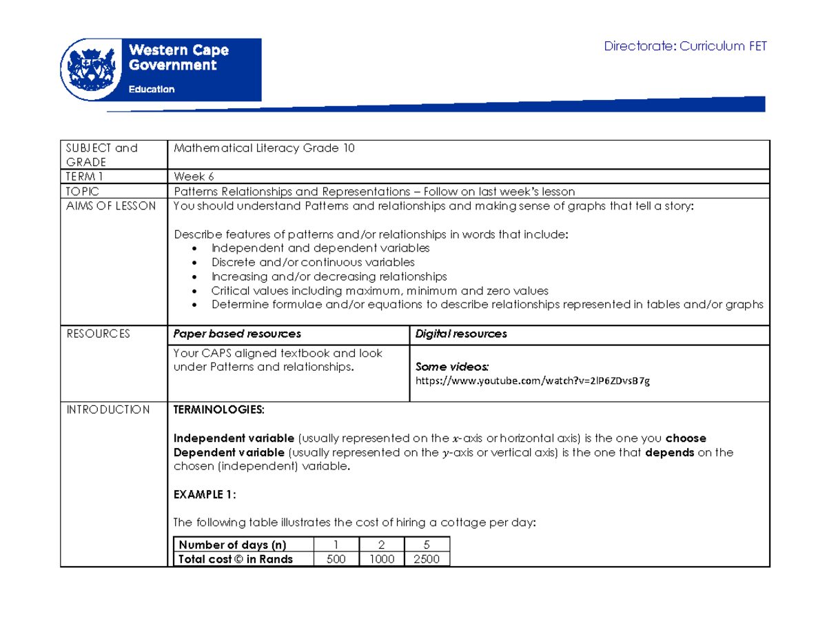 Mathematical Literacy Grade 10 Term 1 Week 6 2021 - Directorate ...