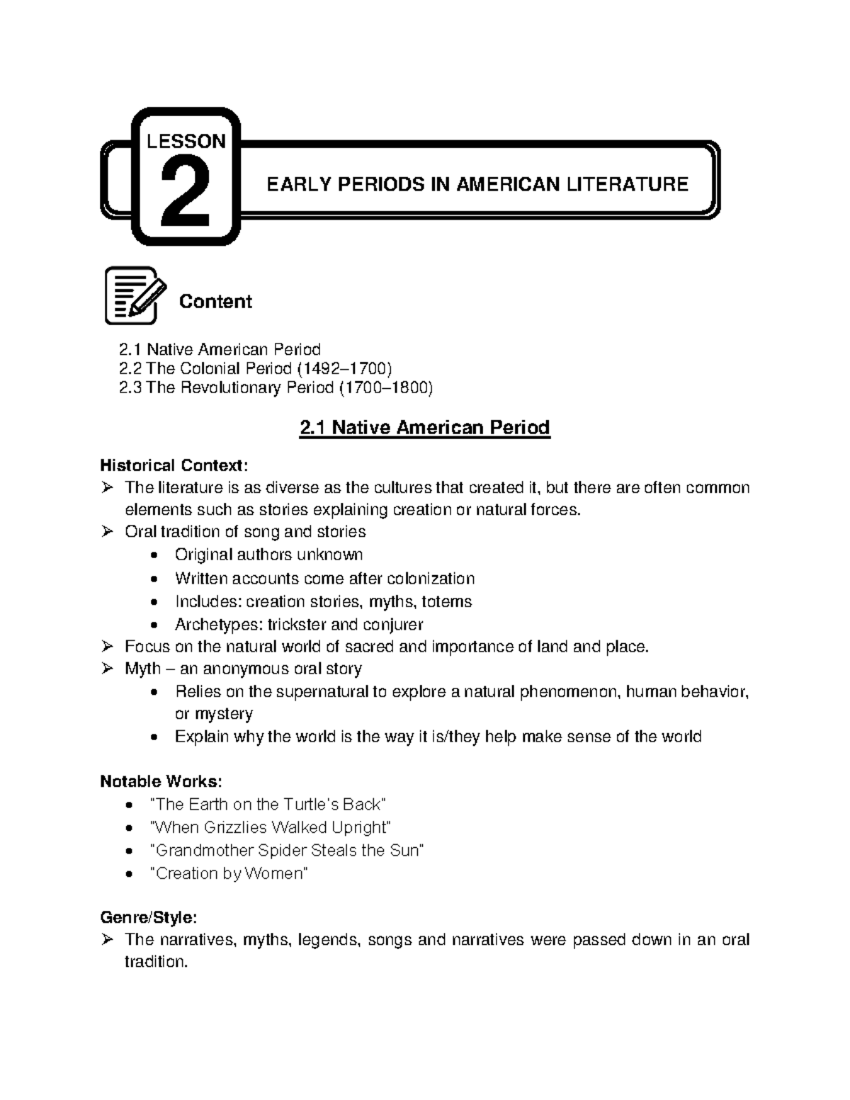 Lesson 2: Early Periods in American Literature (1492-1700) - Studocu