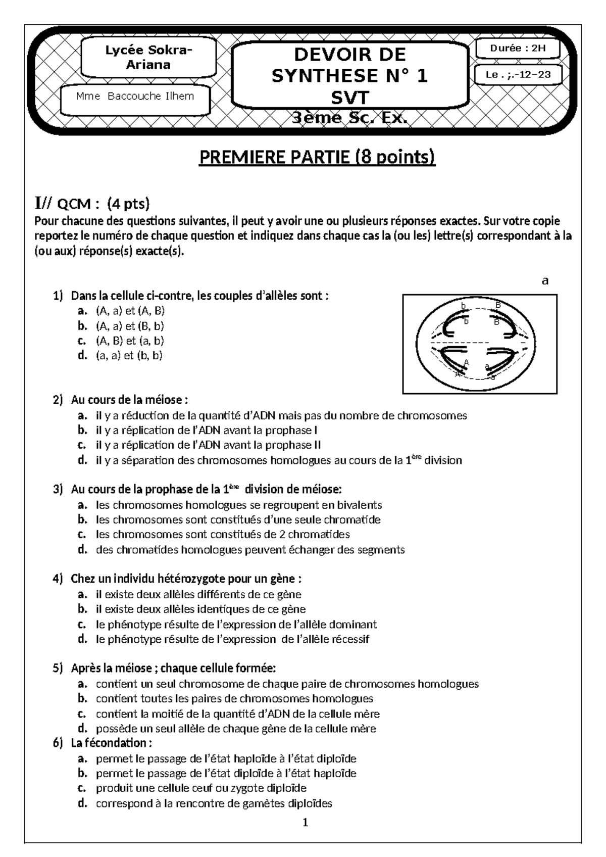 DS 1-23: Synthèse SVT - QCM et Événements de Méiose 3ème Sc. Ex. - Studocu