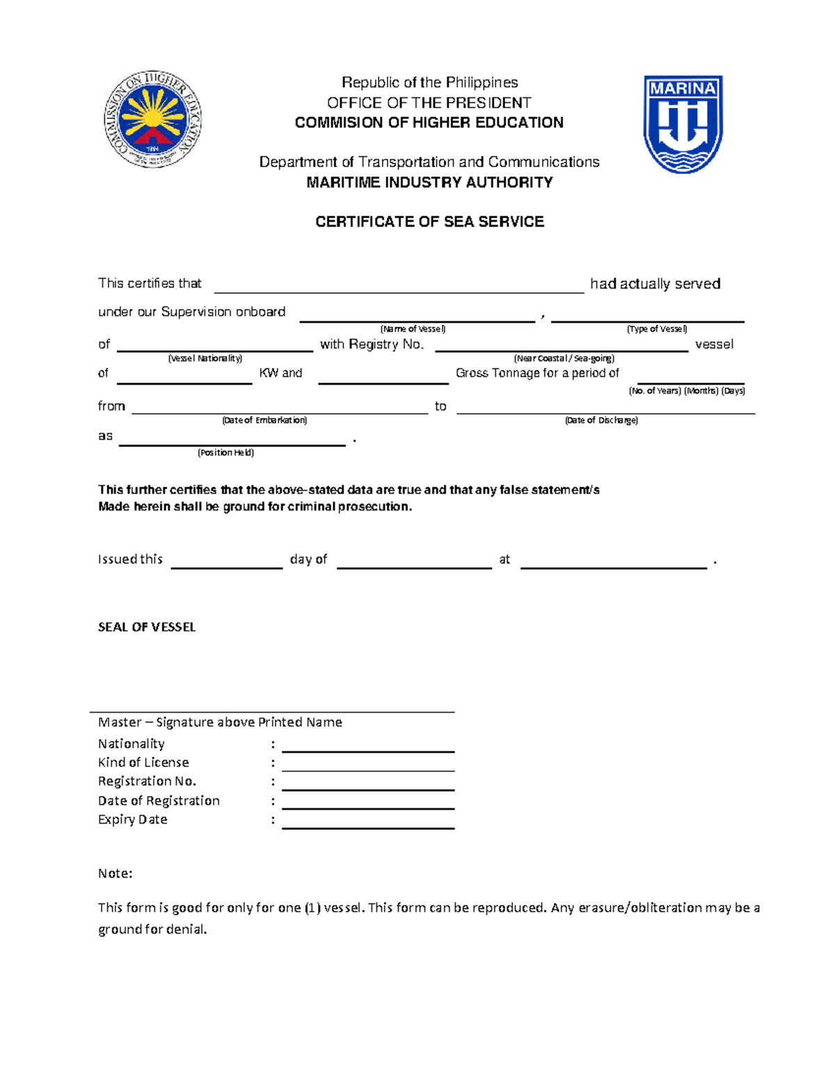 Annex D - Certificate of Sea Service Form for Maritime Industry - Studocu