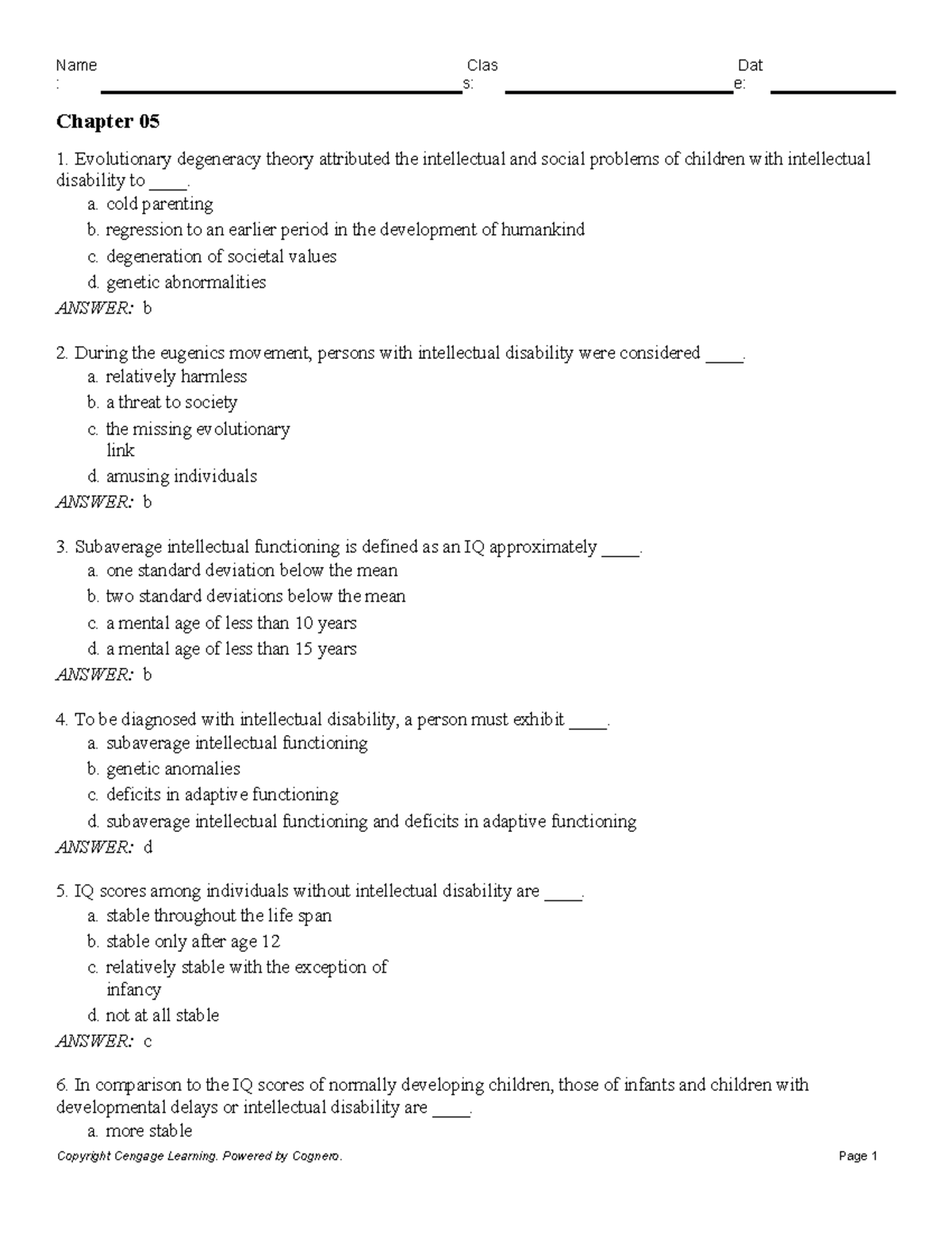 Chapter 05 - Sample Questions on Intellectual Disabilities - Studocu