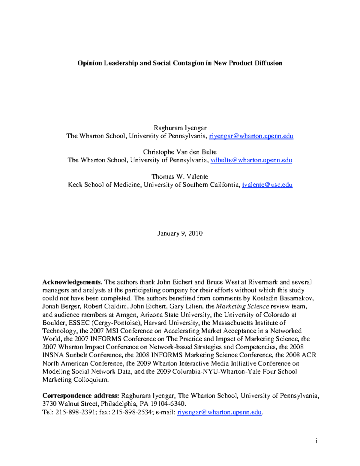 OPIM 101: Opinion Leadership & Social Contagion in New Product ...