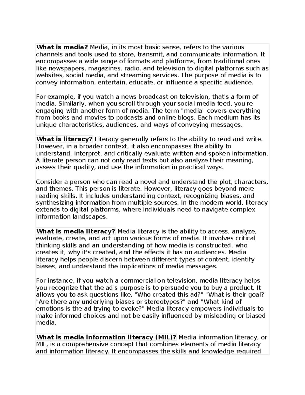 Understanding Media and Media Literacy Concepts: Overview and Analysis ...