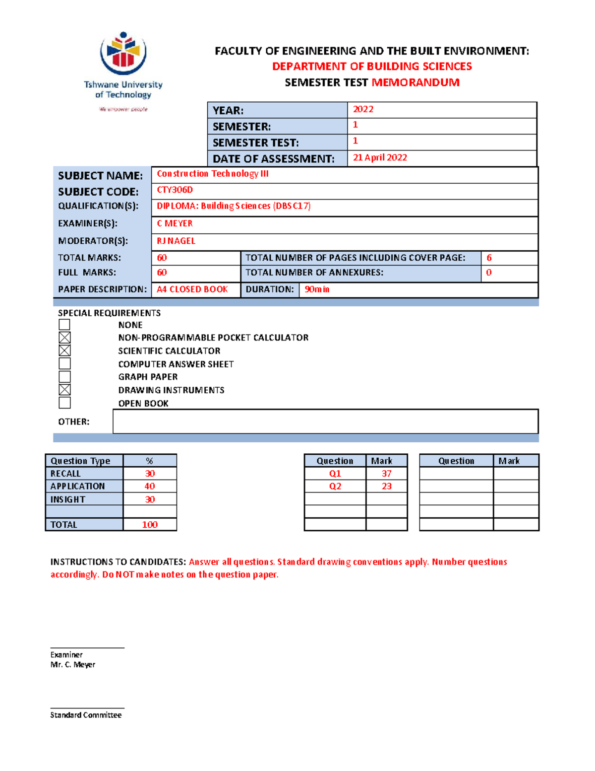 CTY306D Construction Technology Semester Test Memo 2022 - Studocu