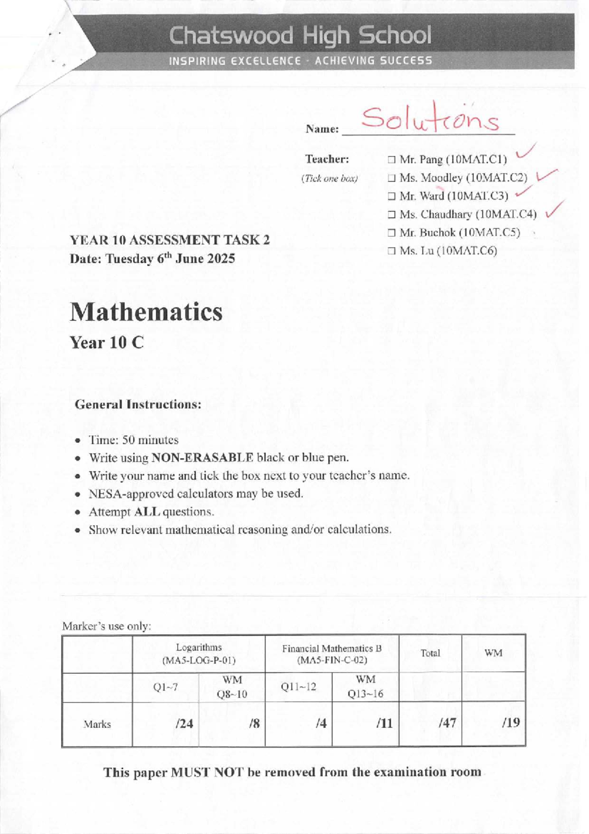 Year 10 Mathematics Assessment Task 2 Solutions (10MAT.C1) - Studocu