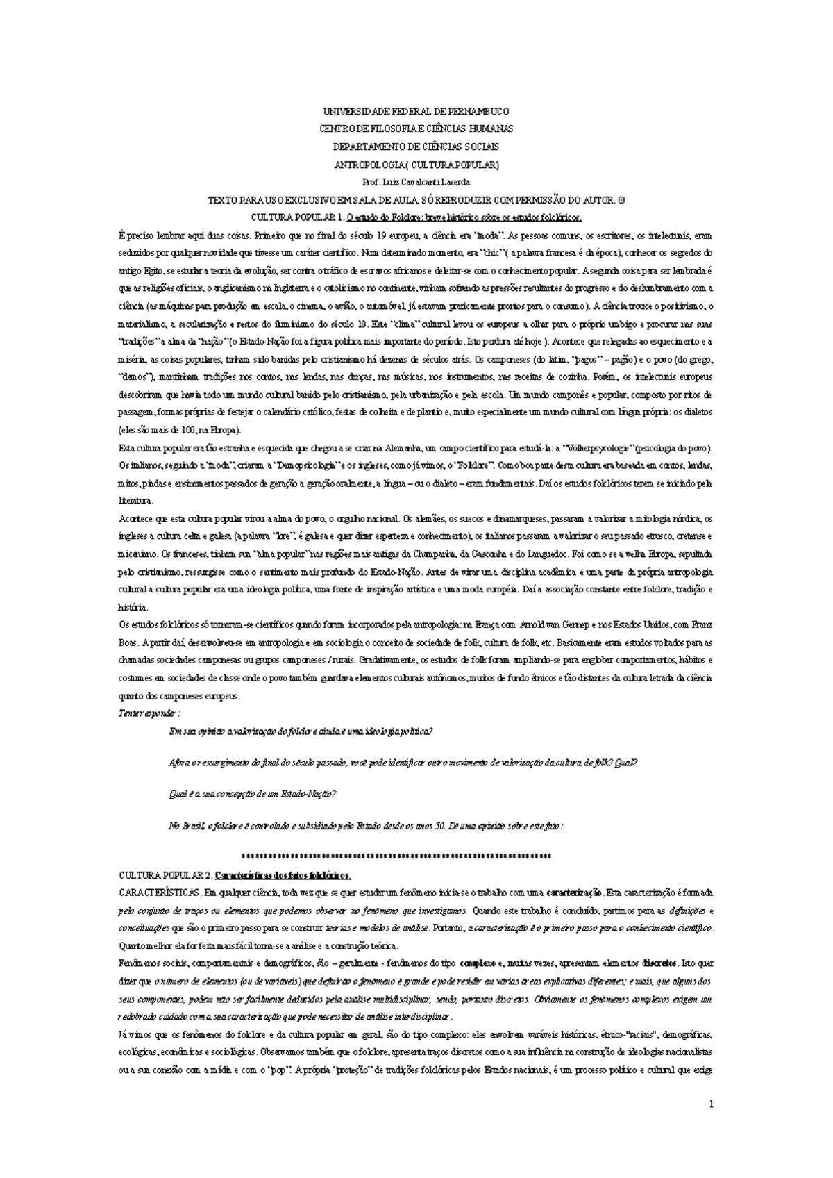 CULTURA POPULAR E FOLCLORE: ANÁLISE E CARACTERIZAÇÃO - ANTRO 101 - Studocu