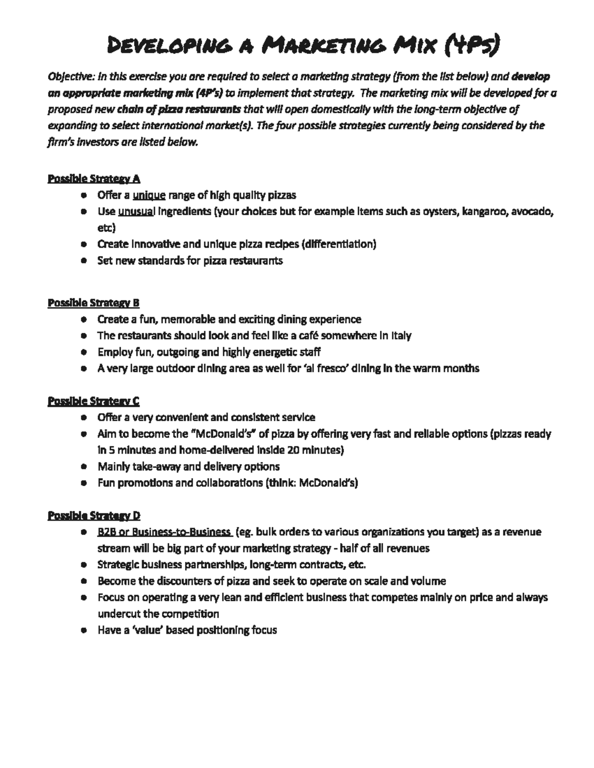 Marketing Mix Strategies for Pizza Shop Development (MKT 101) - Studocu