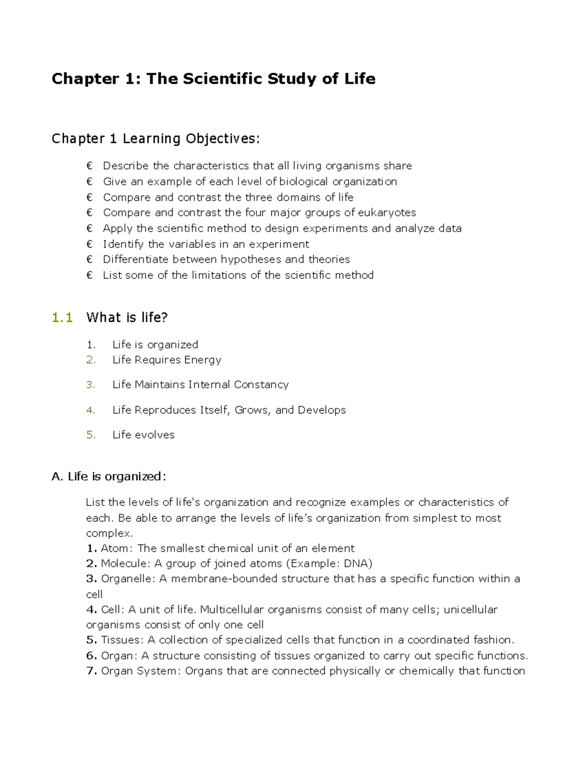 Biology: CH 1 Study Guide on the Scientific Study of Life - Studocu