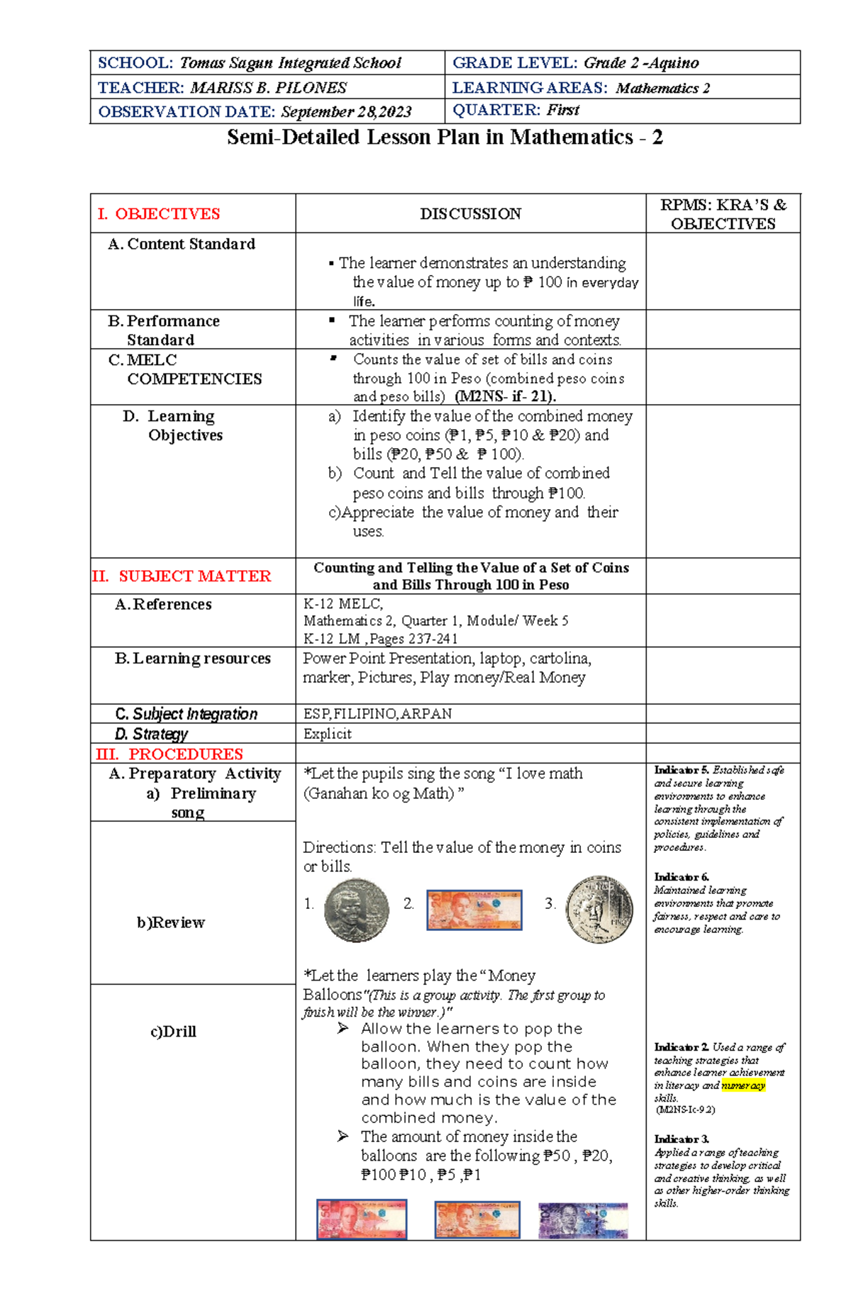 Math2 Q1: Week 5 Lesson Plan on Counting Money Up to ₱100 - Studocu