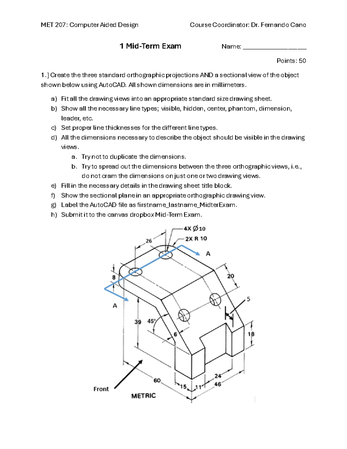 MET 207: Mid-term Exam on CAD Orthographic Projections - Studocu