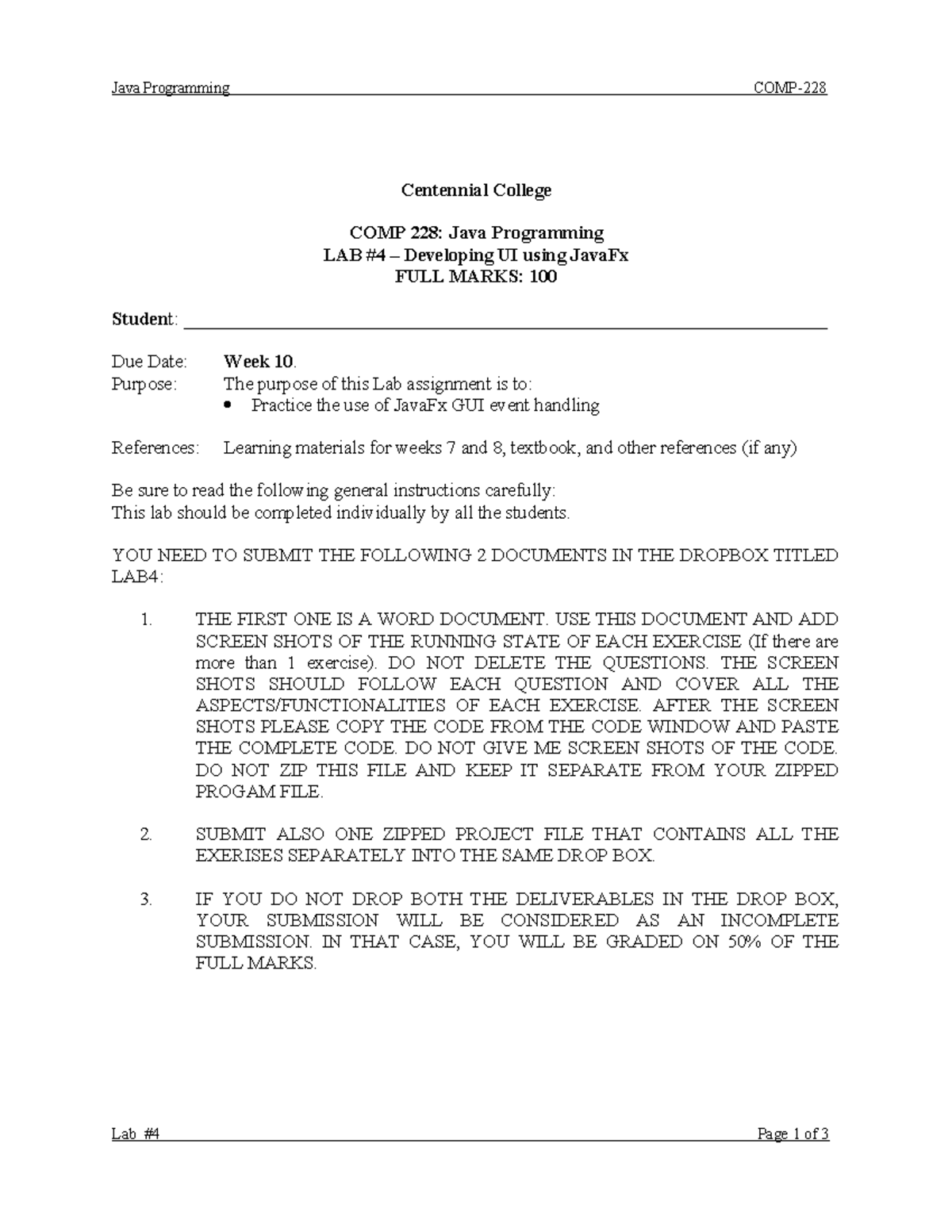 Lab4Final 20 - Lab 4 java - Java Programming COMP- Centennial College COMP 228: Java Programming ...