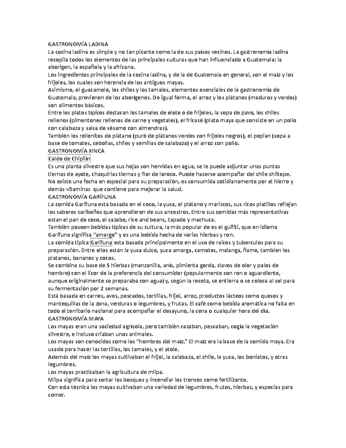 Resumen de la Gastronomía Ladina: Influencias y Platos Típicos - Studocu