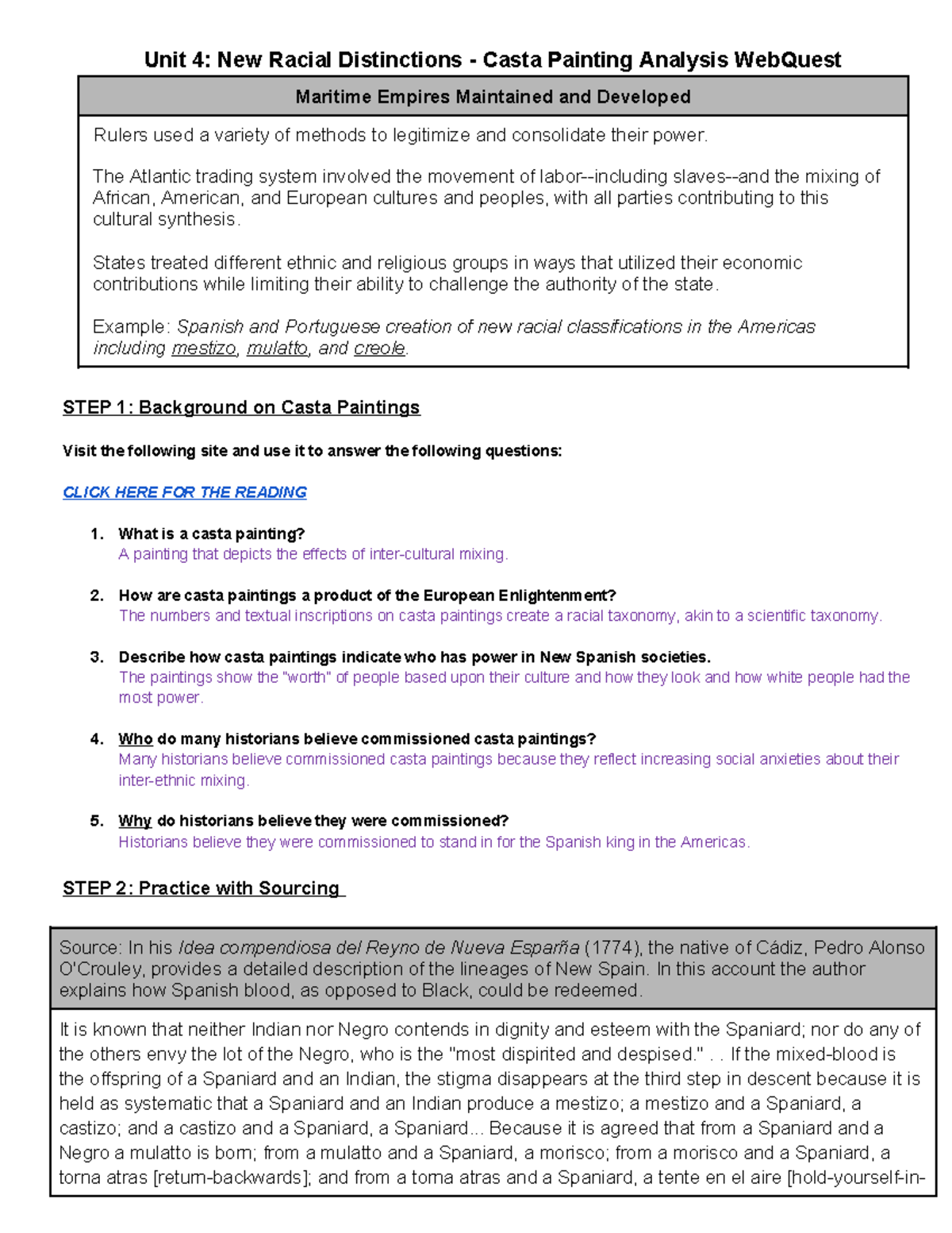Unit 4 - Casta Paintings and Racial Distinctions WebQuest Analysis ...