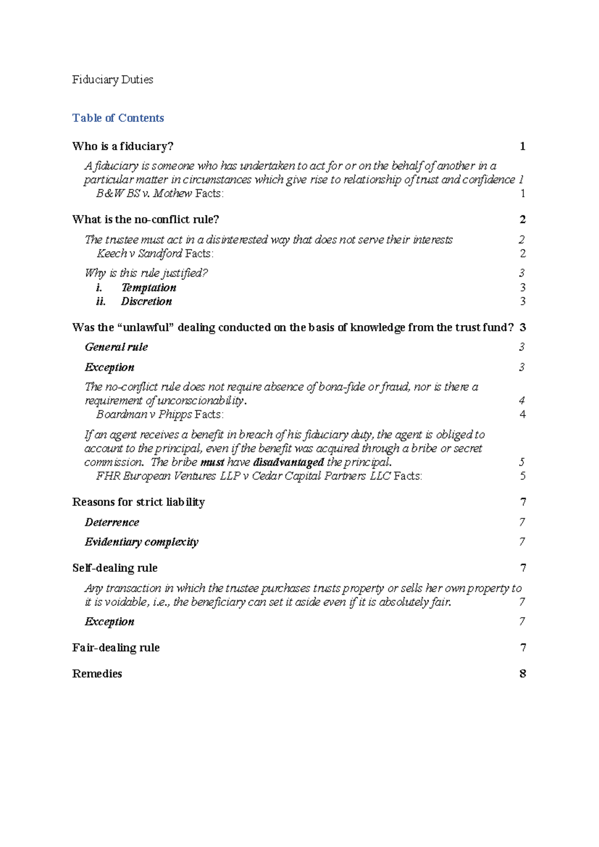 Fiduciary Duties Overview: Key Cases and Principles - Studocu