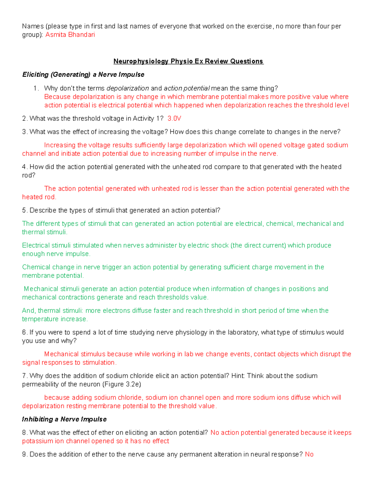 Neurophysiology Physio Exercise Review Questions (Bhandari) - Studocu