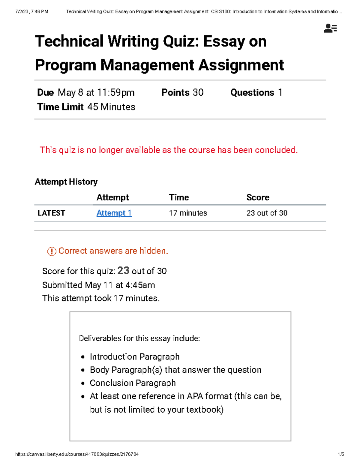 CSIS100 Technical Writing Quiz: Essay on Program Management - Studocu