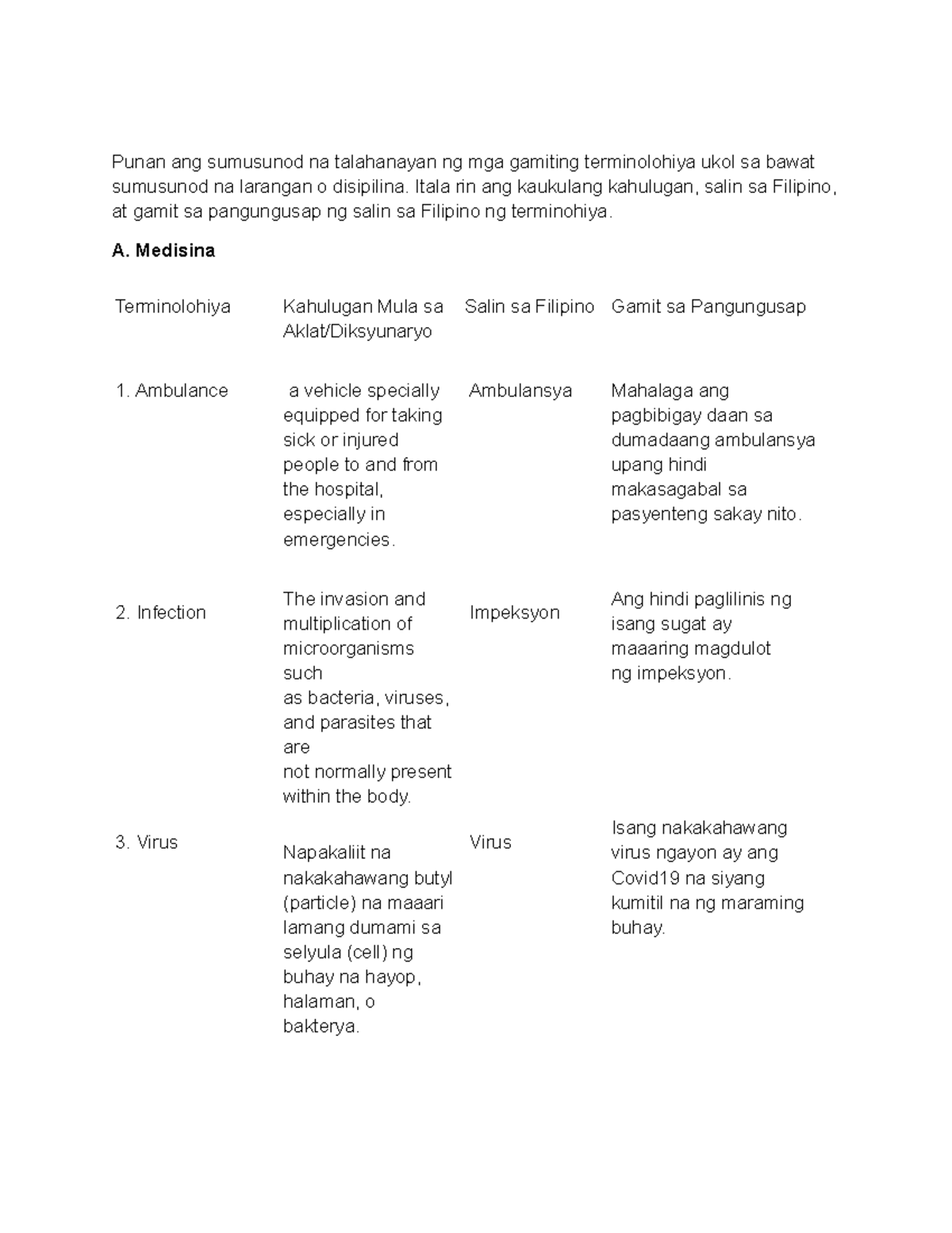 Gawain 2: Mga Terminolohiya sa Medisina, Inhenyeriya, at Sining - Studocu
