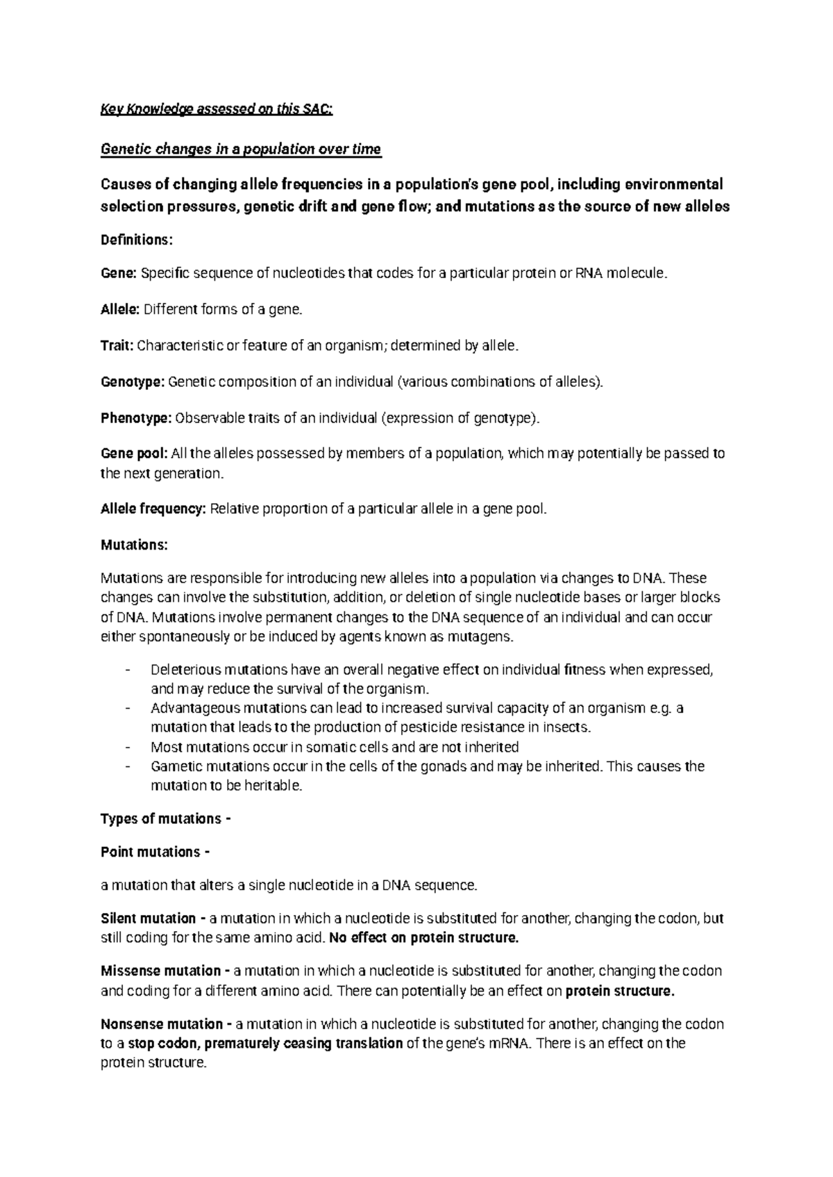 Bio 4.2 - Genetic Changes and Allele Frequencies in Populations - Studocu