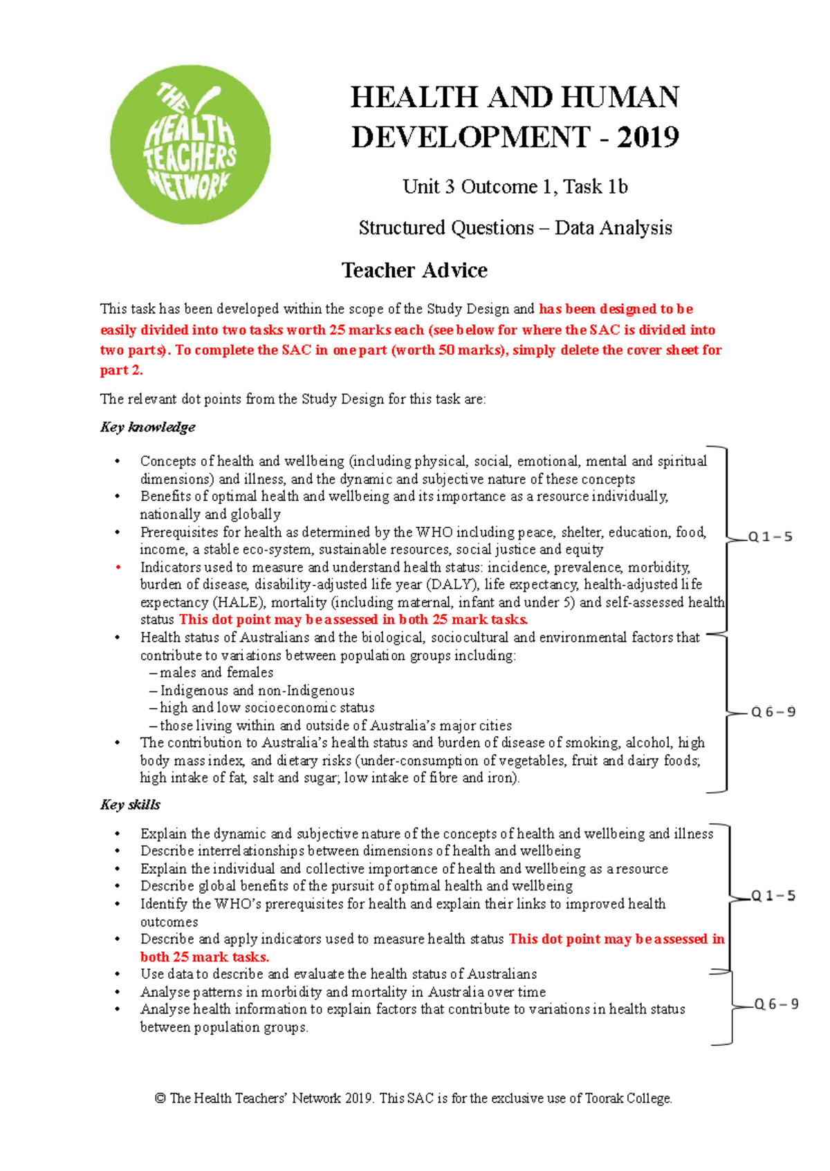 HEALTH AND HUMAN DEVELOPMENT Unit 3 SAC 1b 2019: Data Analysis ...
