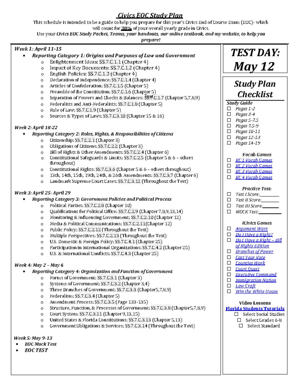 Civics eoc review packet - Civics EOC Study Plan This schedule is ...