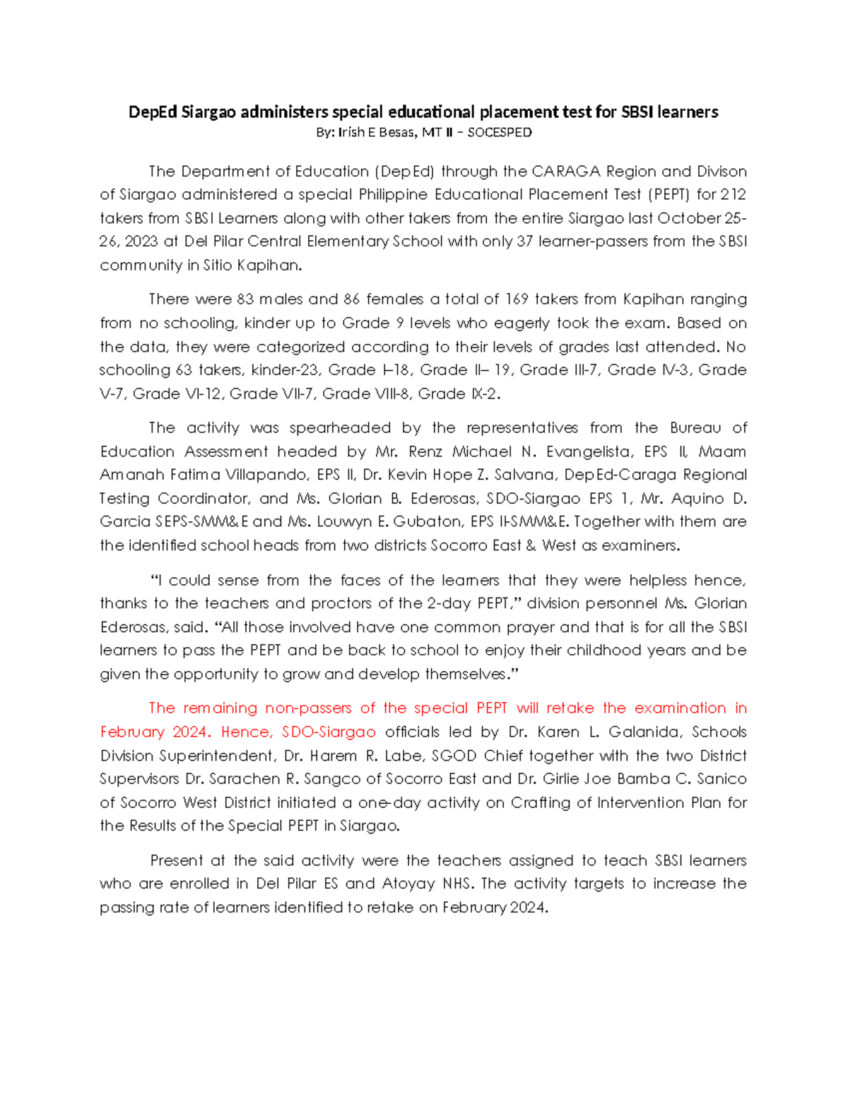 PEPT Results - Special Educational Placement Test in Siargao Division ...