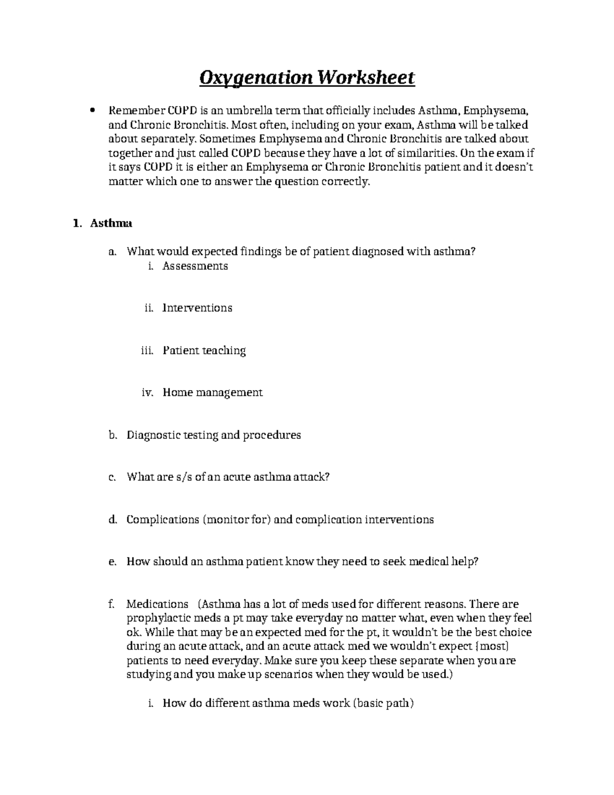O2 Study Worksheet: COPD, Asthma & Emphysema Characteristics - Studocu