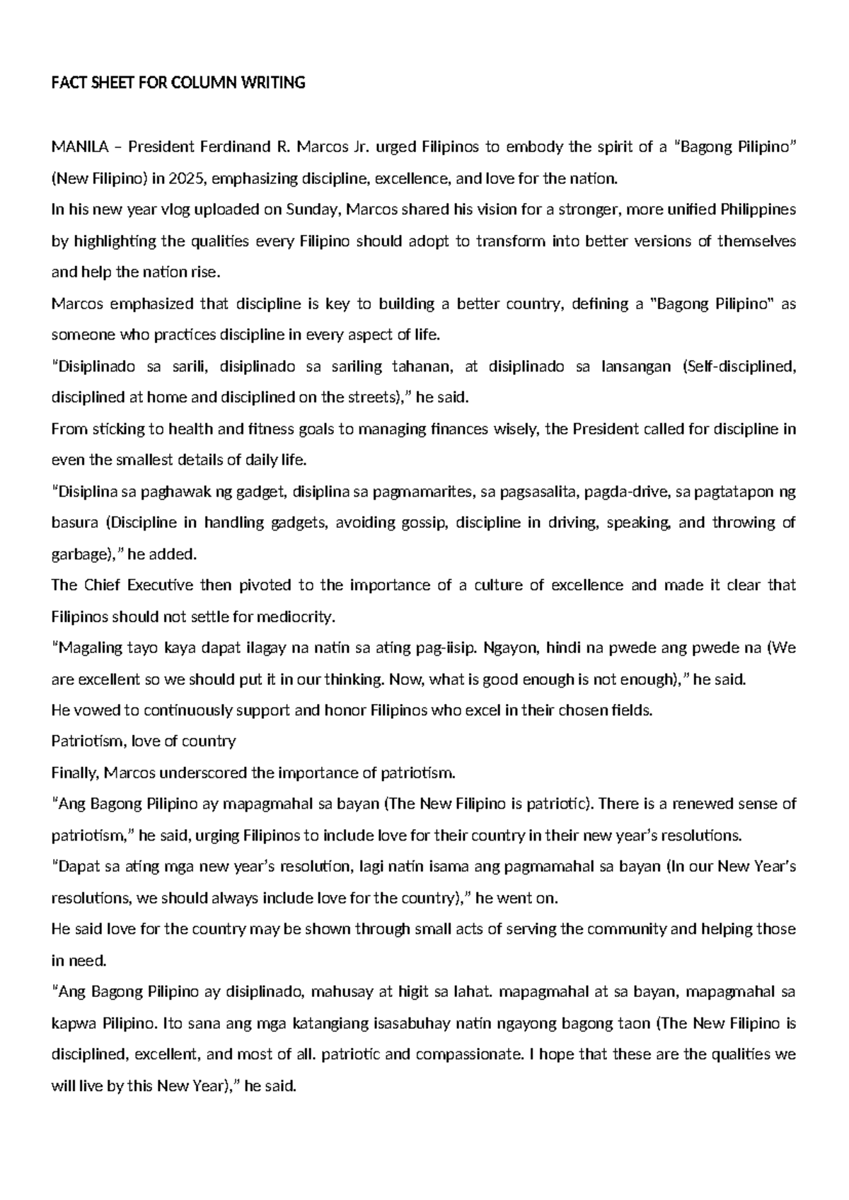 FACT SHEET: Column Writing on New Filipino Values 2025 - Studocu