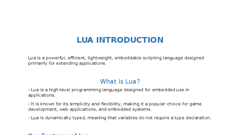 LUA101: Introduction to Lua Programming - Key Concepts and Basics - Studocu