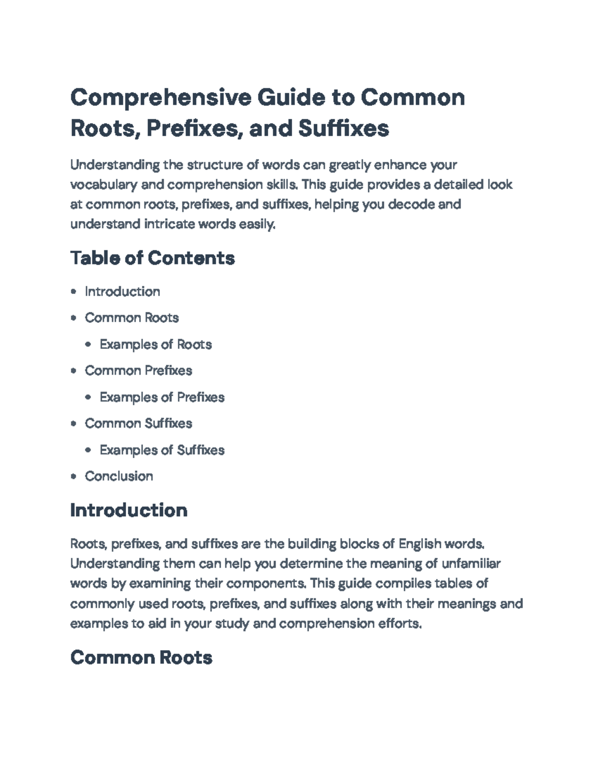 Comprehensive Guide to Roots, Prefixes, and Suffixes - Comprehensive ...