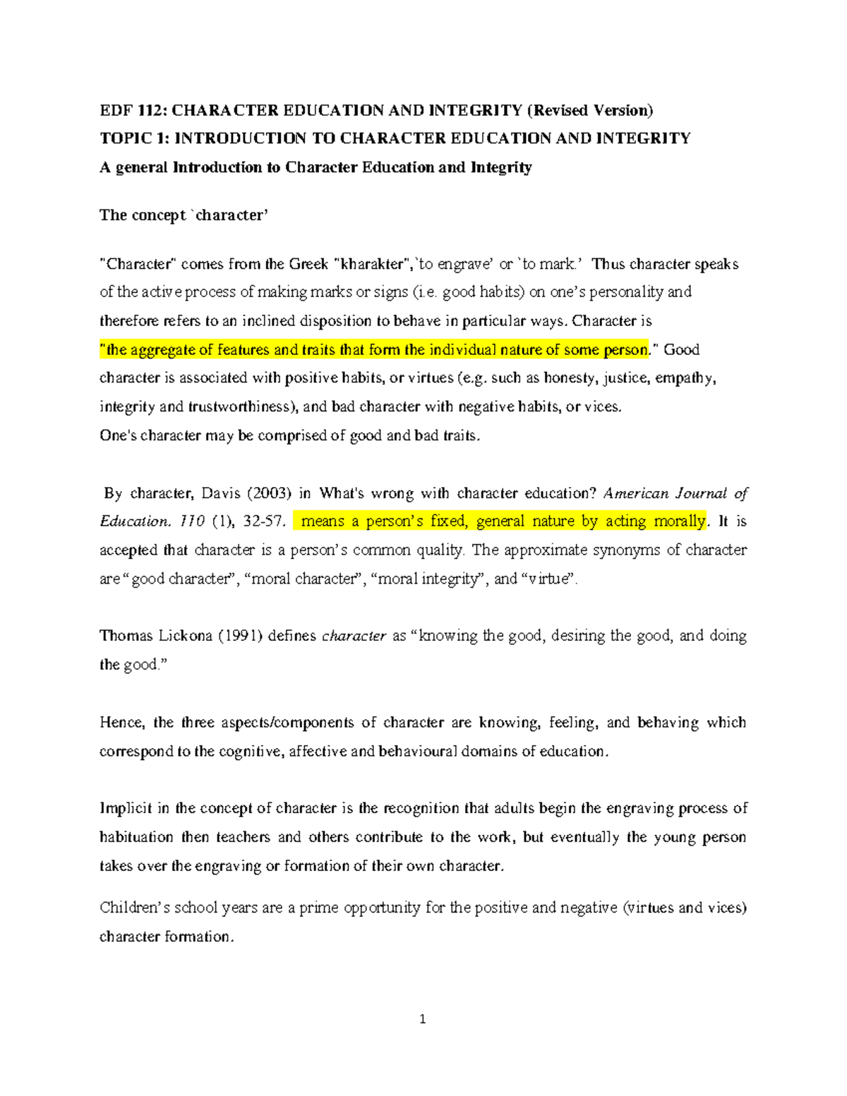 EDF 112: Character Education & Integrity - Introduction Overview - Studocu