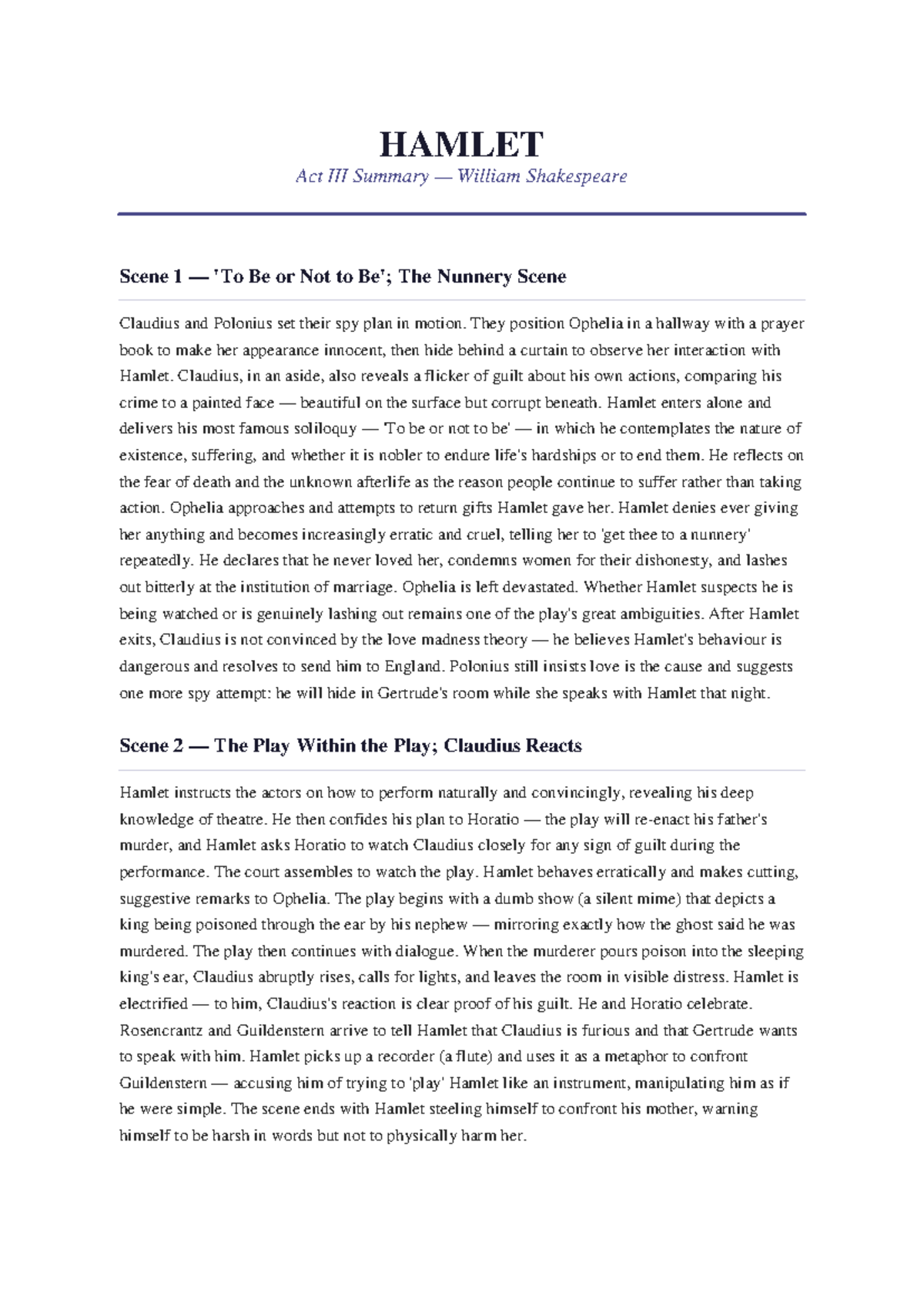 HAMLET (ACT 3) Summary: Key Themes & Character Actions - Studocu