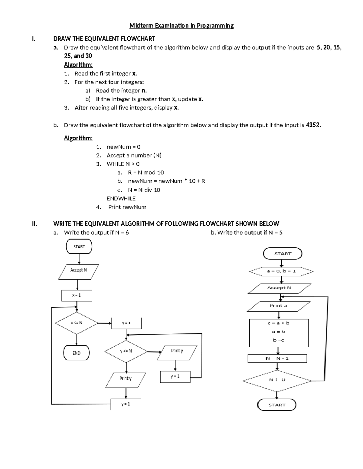 Midterm Exam Review: Flowcharts & Algorithms in Programming I - Studocu