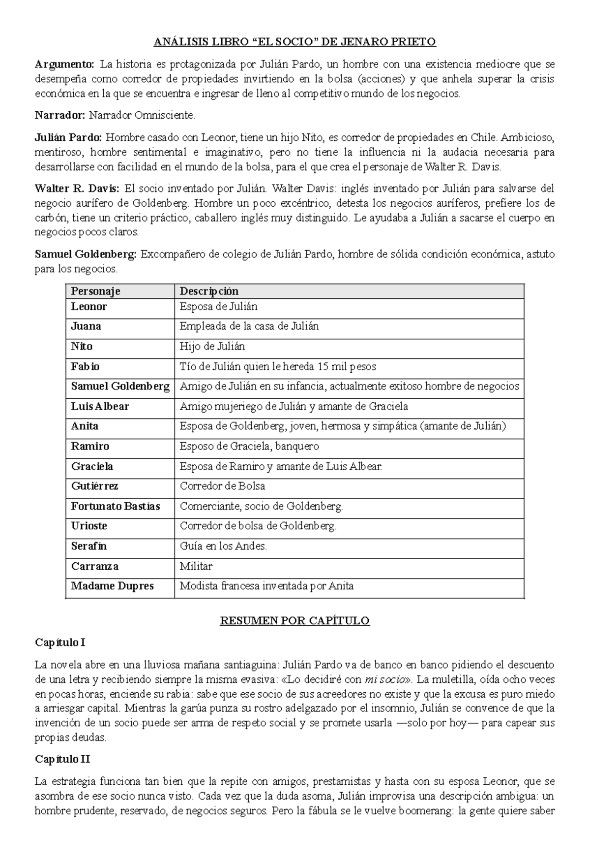 Resumen del Libro "El Socio" de Jenaro Prieto - Studocu