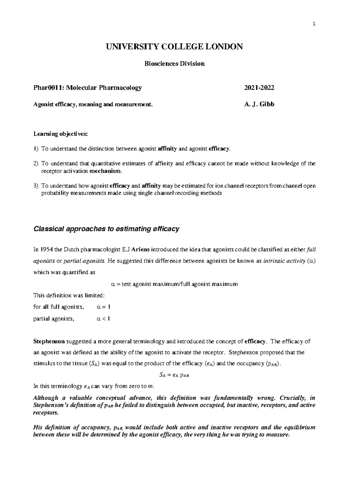 Phar0011 Lect 3 Efficacy II 2021 notes - UNIVERSITY COLLEGE LONDON ...