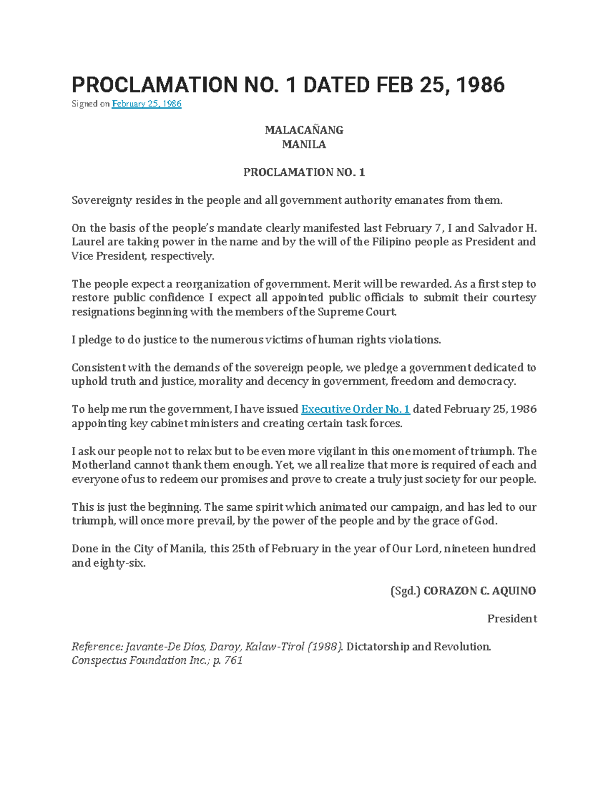 Proclamation No. 1: Statement of Sovereignty - Feb 25, 1986 - Studocu