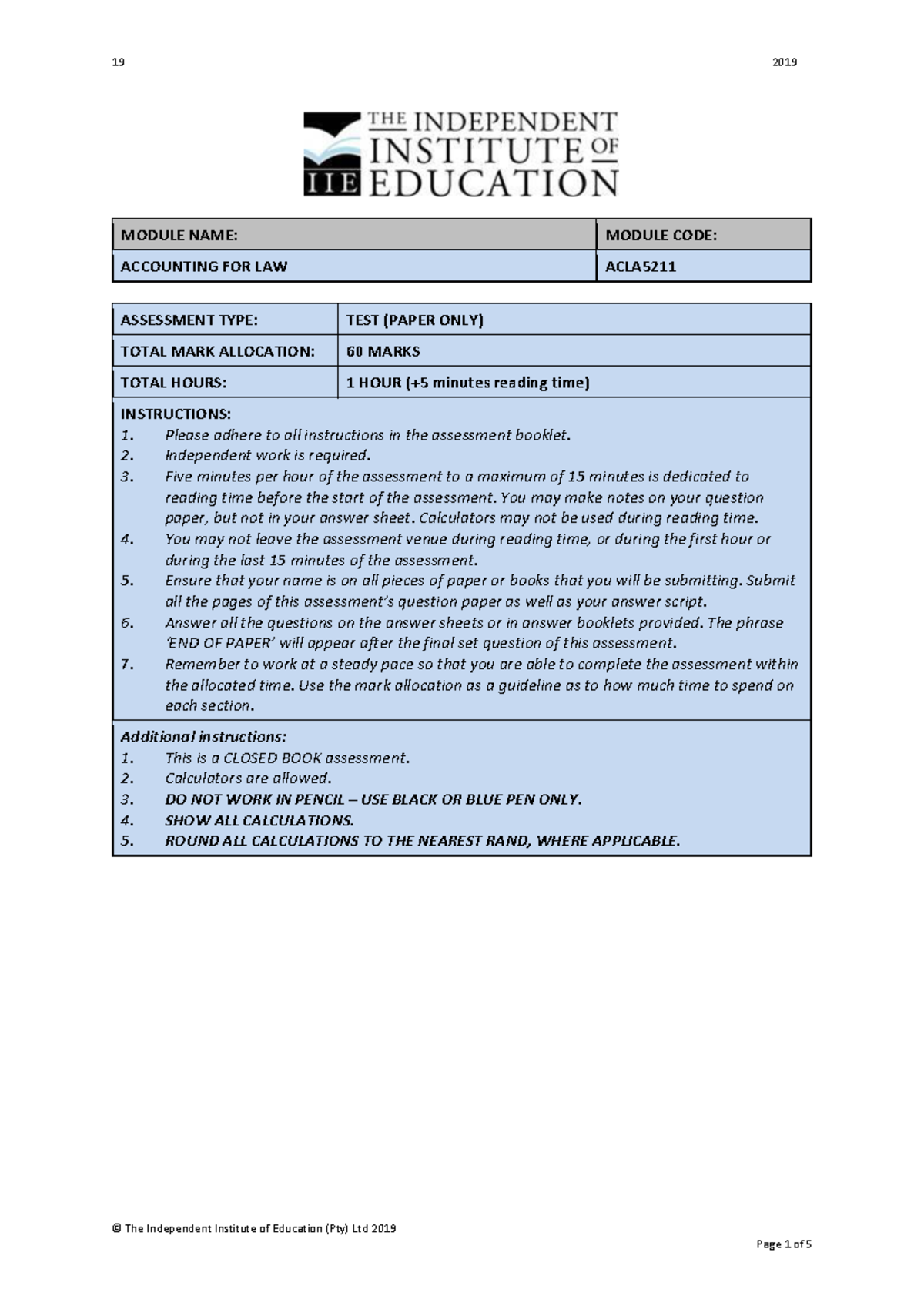 ACLA5211 T2a - Exam Prep - MODULE NAME: MODULE CODE: ACCOUNTING FOR LAW ...