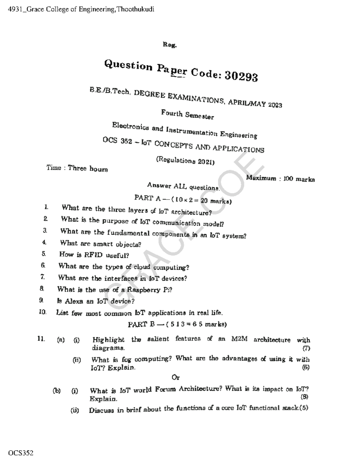 OCS352 IoT Question Paper - Grace College Engineering Exam 2023 - Studocu