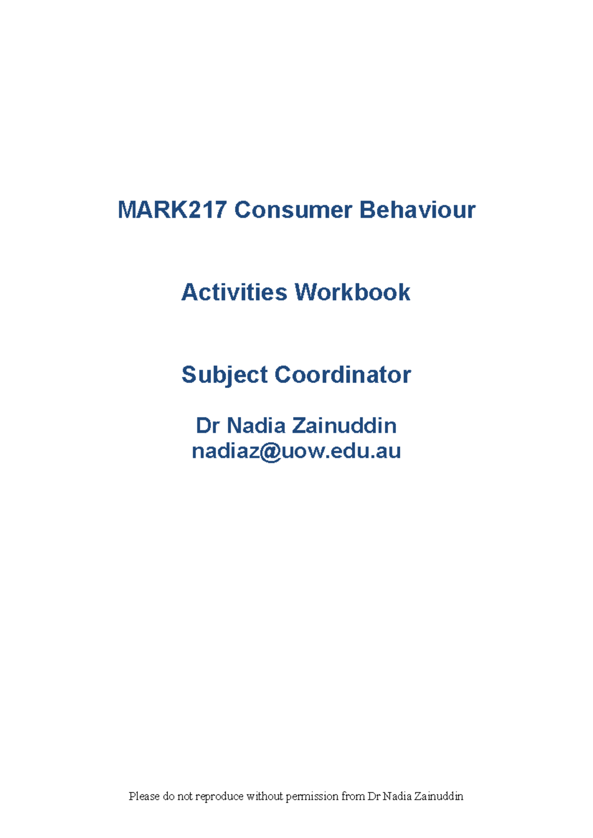 Tutorial Workbook - MARK217 Consumer Behaviour Activities Workbook ...