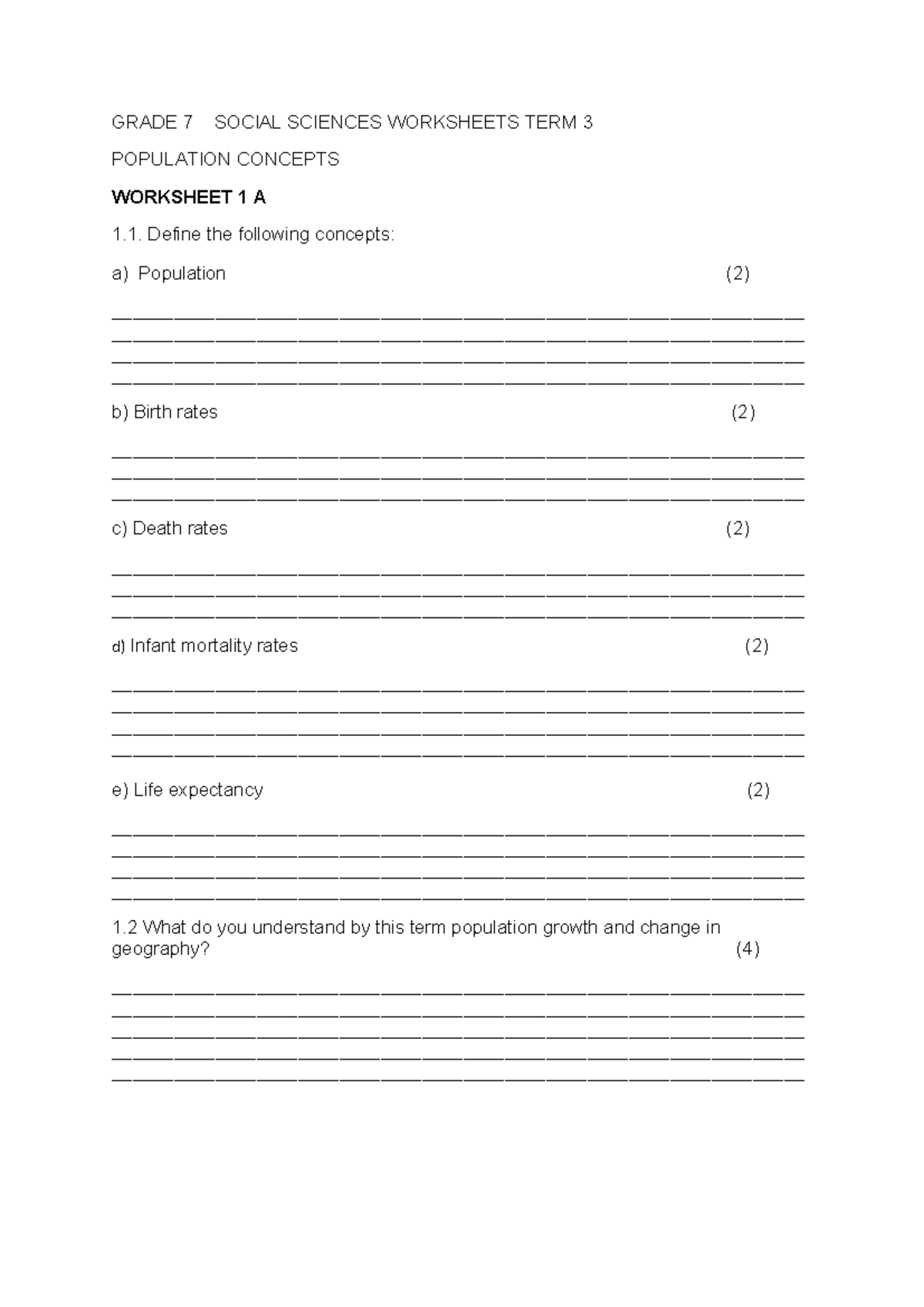 Grade 7 Social Sciences T3 GEO Population Concepts Worksheets - Studocu
