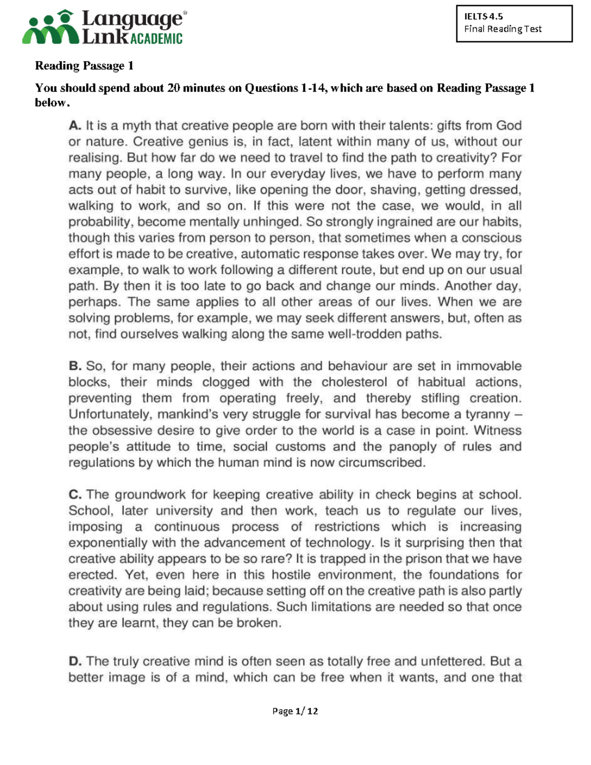 IELTS 4.5 Final Reading Test Practice Questions and Passages - Studocu