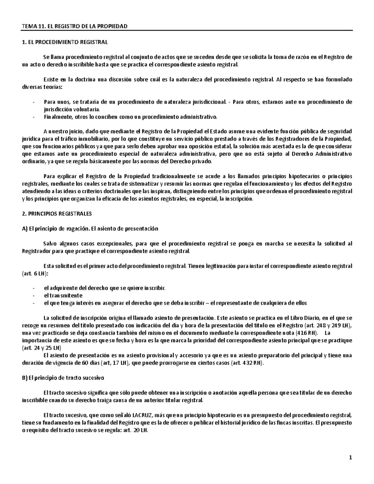 TEMA 11: EL PROCEDIMIENTO REGISTRAL EN EL REGISTRO DE LA PROPIEDAD - Studocu
