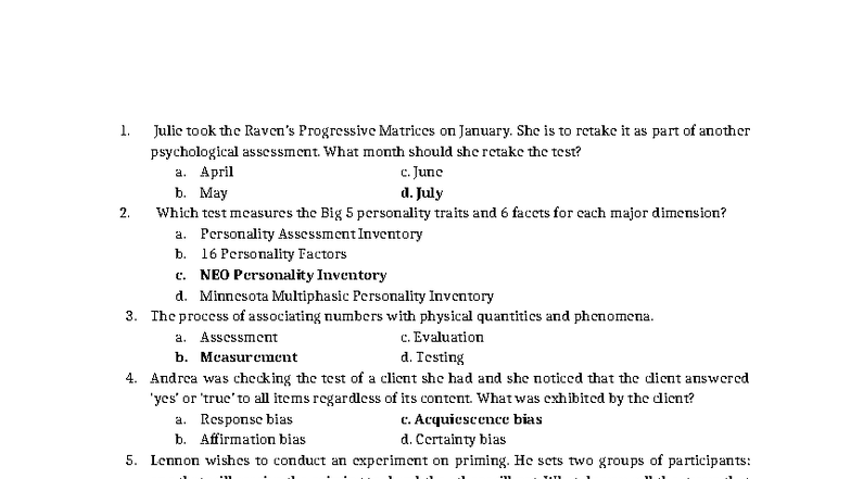 Psych Testing Reviewer 4: Key Concepts and Practice Questions - Studocu