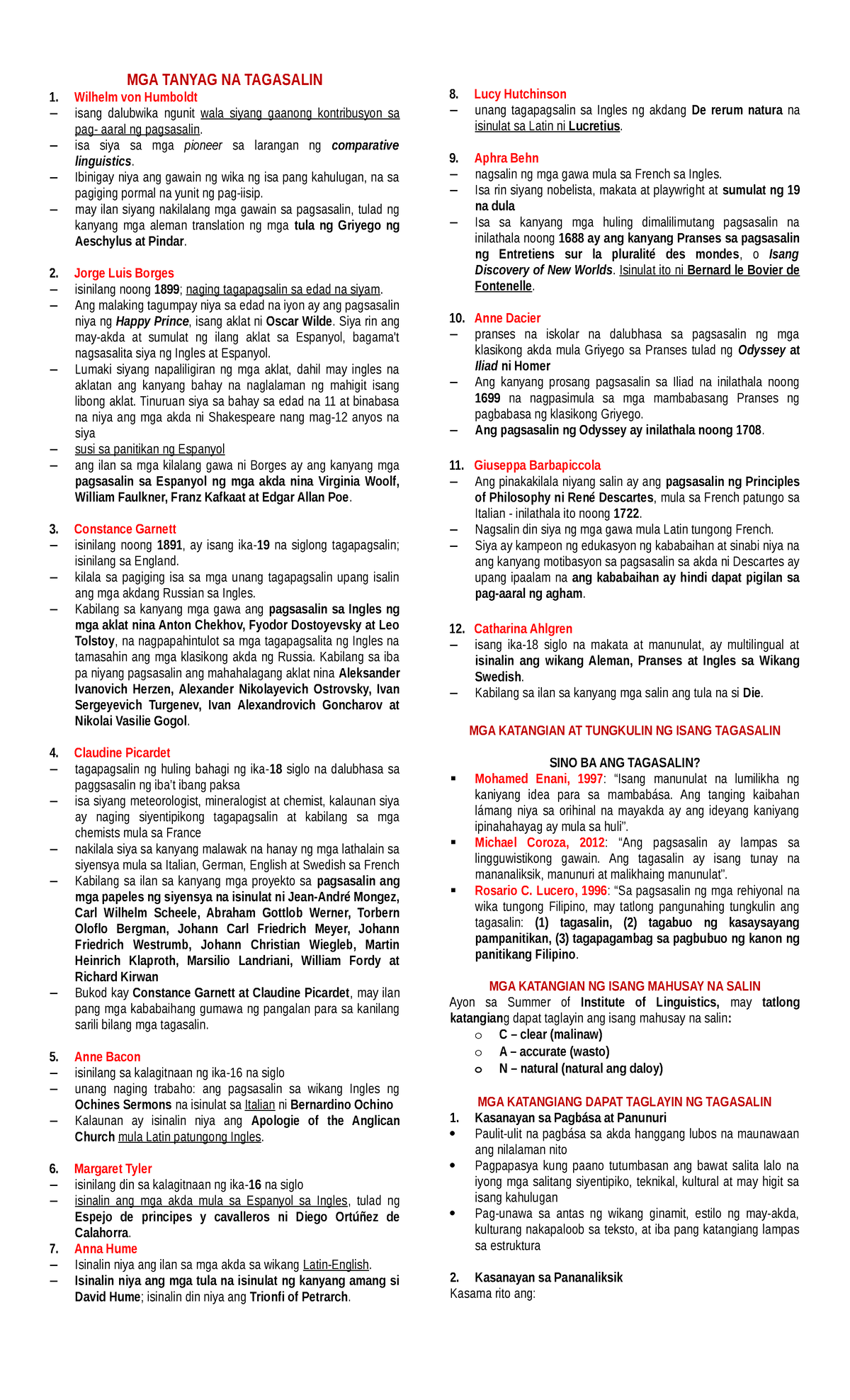 108 Review - Summary Filipino Friends - MGA TANYAG NA TAGASALIN Wilhelm ...