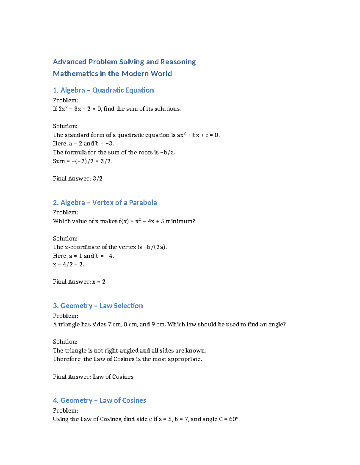 Advanced Problem Solving in Mathematics: Modern World 1 - Studocu