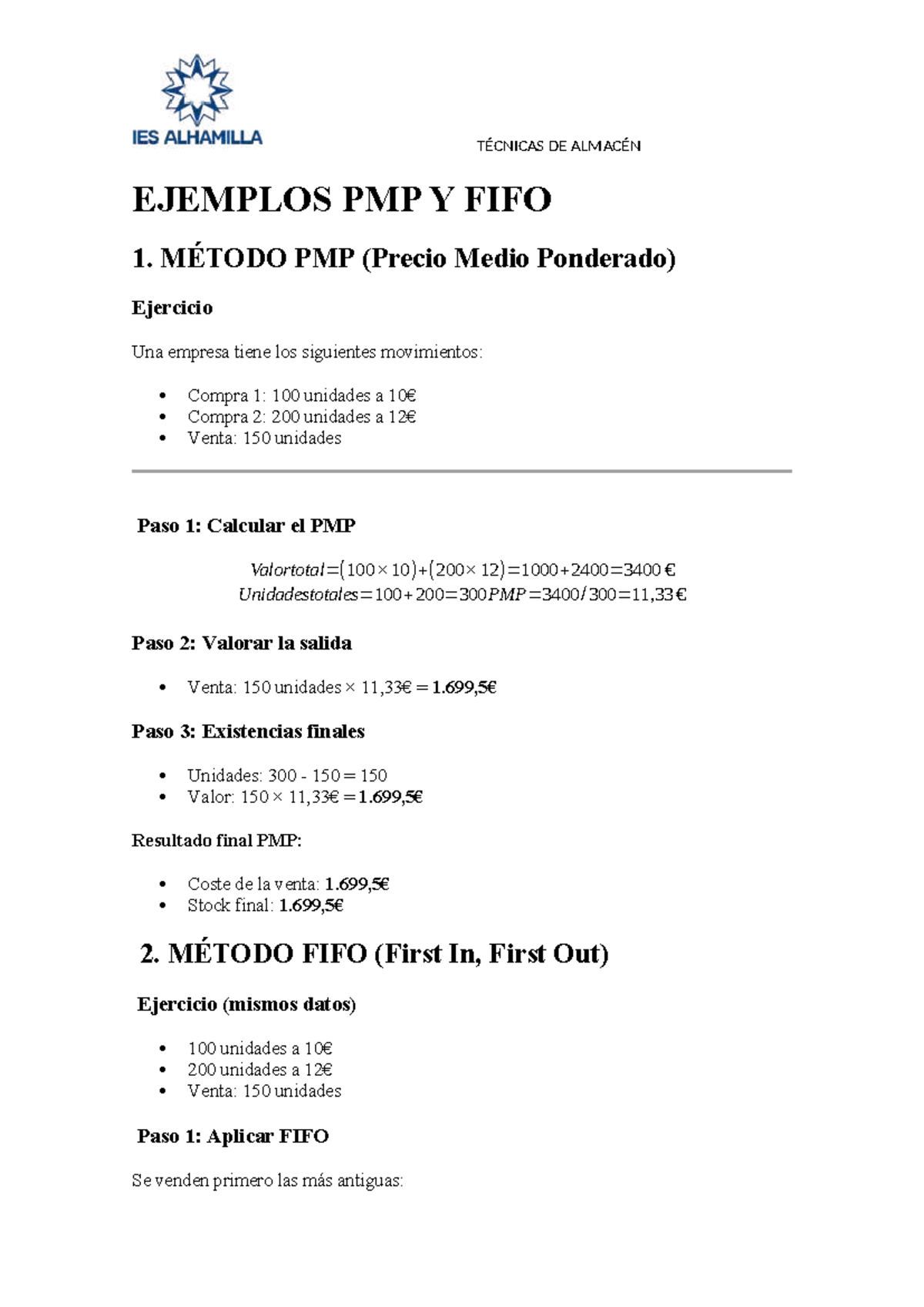 Ejemplos de Técnicas PMP y FIFO en Almacén - grht - Studocu